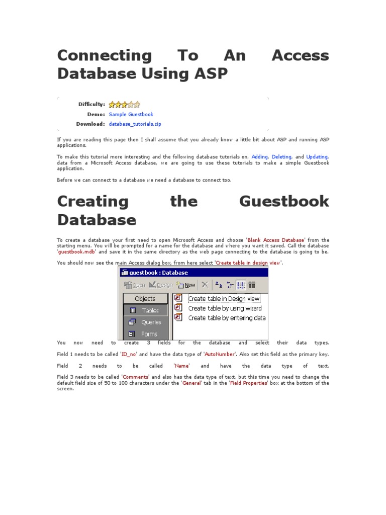 Connecting To An Access Database Using Asp Pdf Microsoft Access Databases