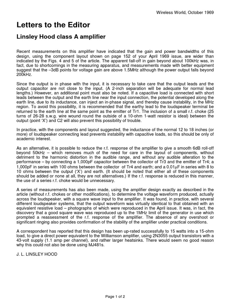 JLH 1969 Letters | PDF | Amplifier | Capacitor