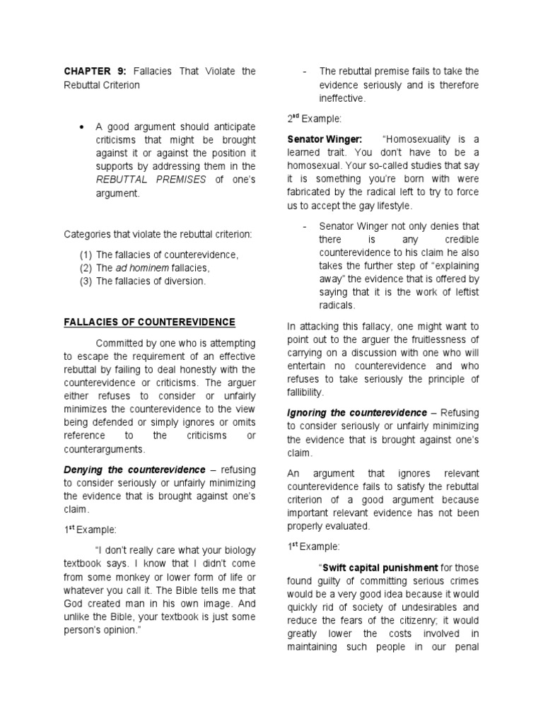 CHAPTER 9: Fallacies That Violate The: Rebuttal Premises of One'S | PDF ...