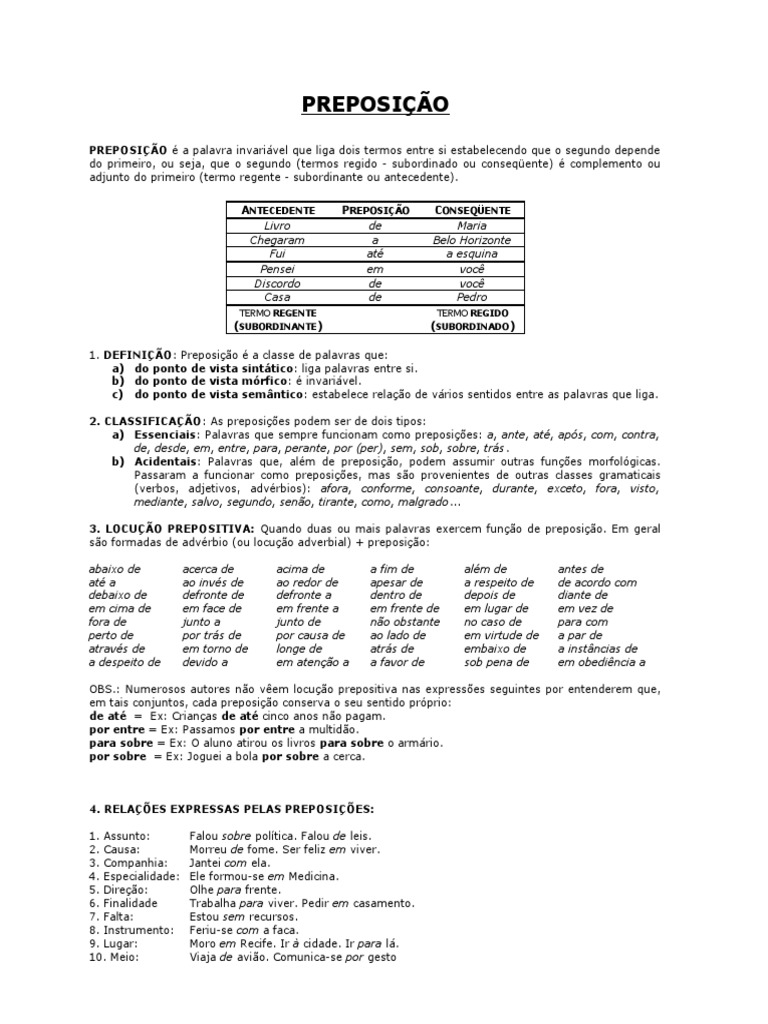 Classificação e funções das preposições | PDF | Preposição e posposição ...