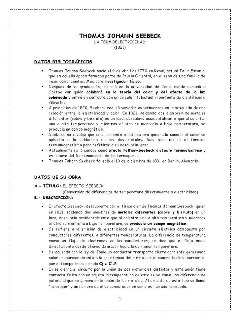 Thomas Johann Seebeck | PDF | Par termoeléctrico | Química Física