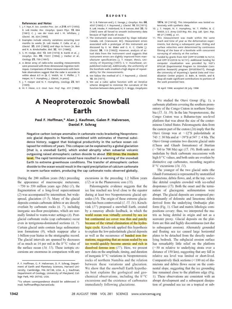 Hoffman Etal 1998 Neoproterozoic Snowball Earth | PDF | Oceans | Ice Age