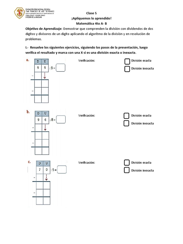 Guía Ejercicios División, 4to, Clase 5 | PDF | Enseñanza de matemática ...