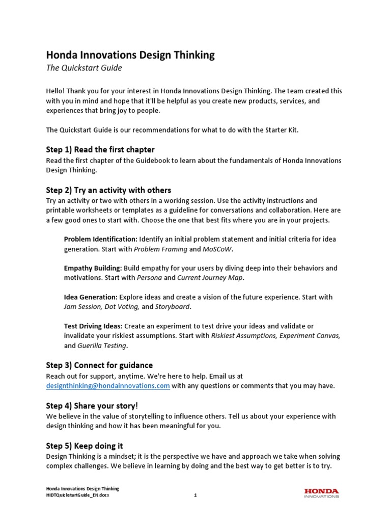Honda Innovations Design Thinking: The Quickstart Guide | PDF