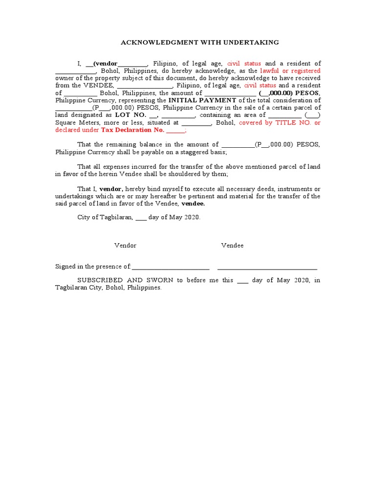 Draft Acknowledgment With Undertaking | PDF | Business | Finance ...