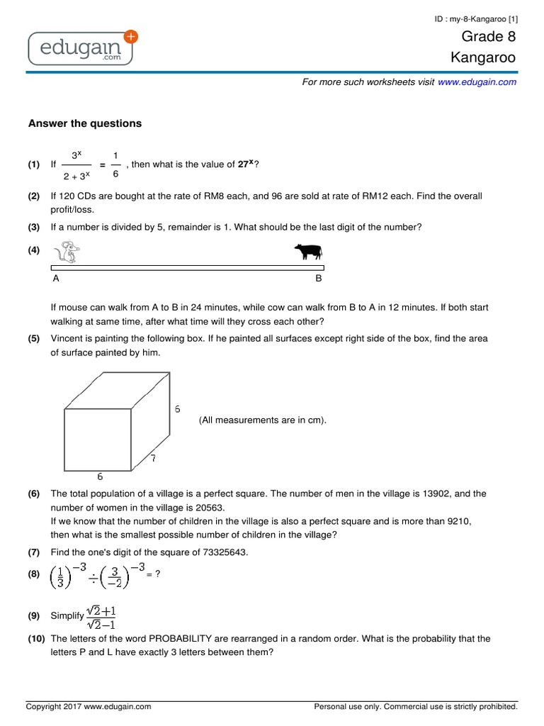 Grade 8 Kangaroo: Answer The Questions | PDF | Teaching Mathematics