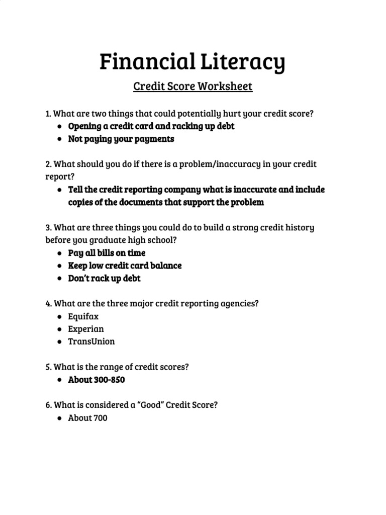 Financial Literacy: Credit Score Worksheet | PDF