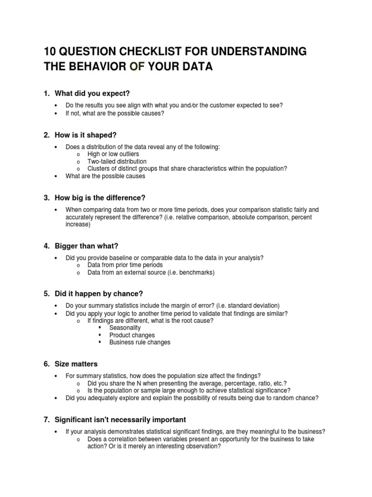 Data Behavior Analysis Checklist | PDF | Causality | Statistics