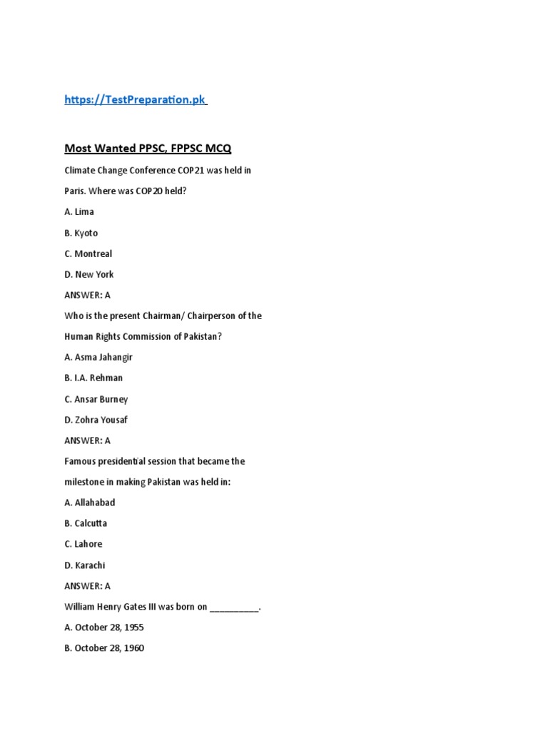 PPSC FPSC MCQ Past Papers Guide | PDF