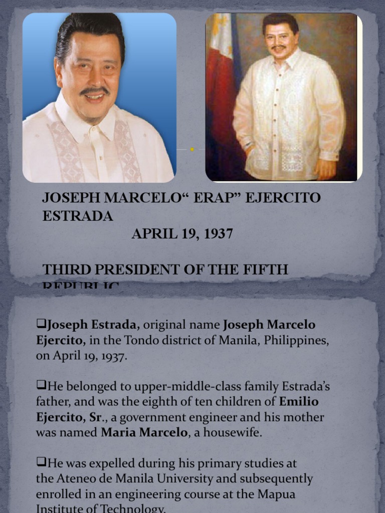 Joseph Marcelo" Erap" Ejercito Estrada APRIL 19, 1937 Third President ...