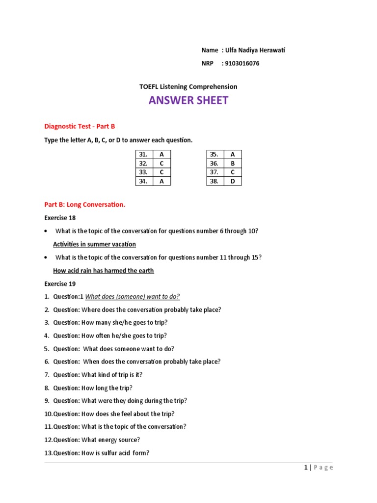 TOEFL Listening Comprehension Part B - ANSWER SHEET | PDF | Cognition ...