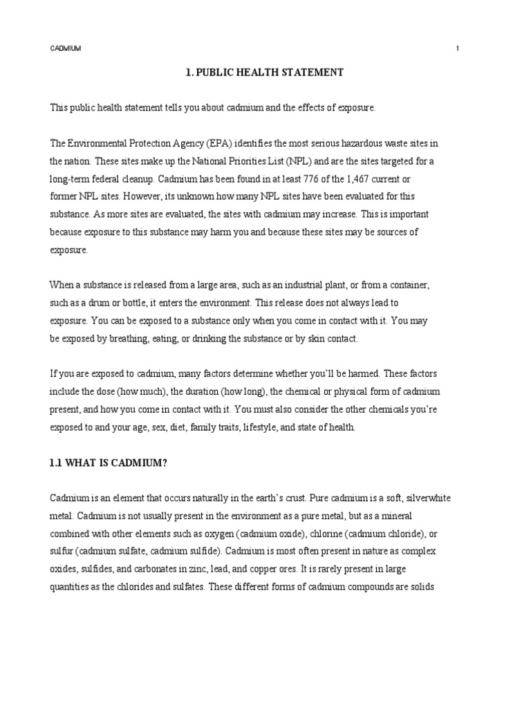 Public Health statement-EPA | PDF | Cadmium | Occupational Safety And ...