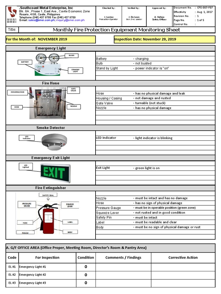 Monthly Fire Protection Equipment Monitoring Sheet: Emergency Light ...