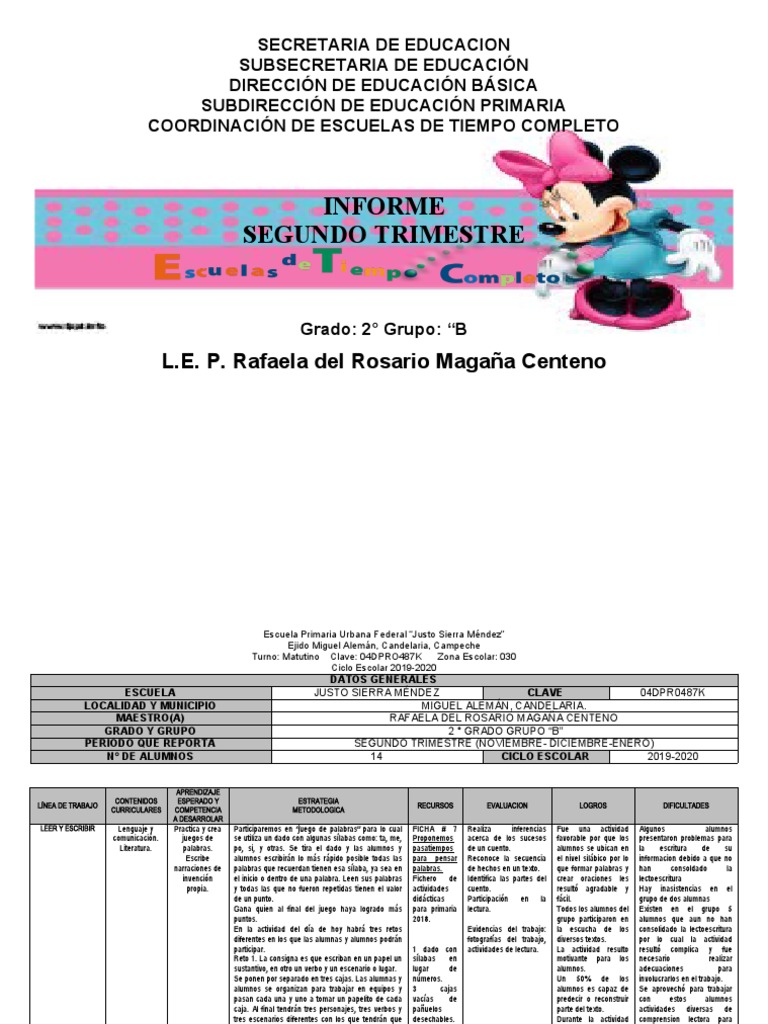 Informe del segundo trimestre del grado 2° grupo B de la Escuela ...