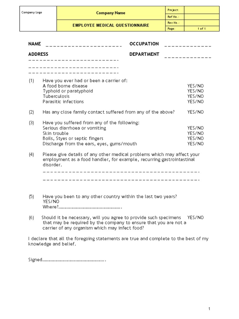 Employee Medical Questionnaire for Food Handlers | PDF | Wellness