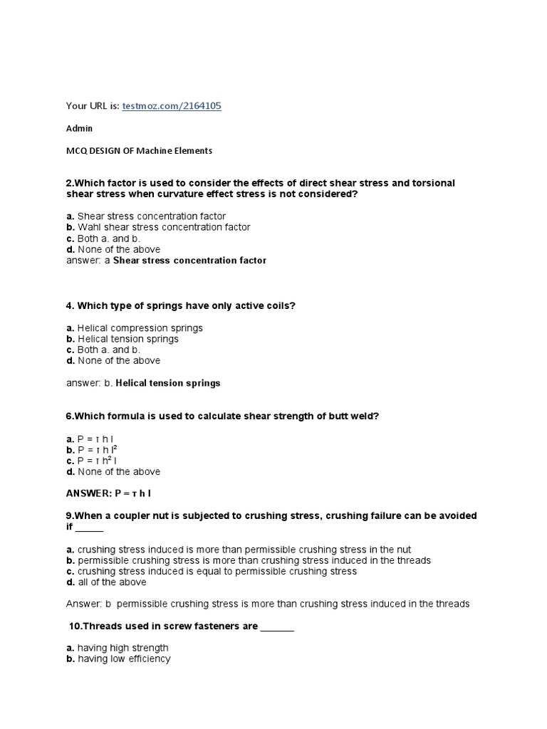 MCQ DESIGN OF Machine Elements - EETP - SVCE - MUNIRAJ - FINAL TEST ...