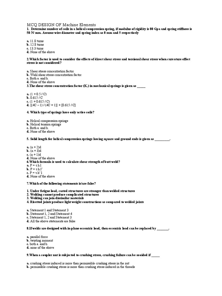 MCQs on Machine Elements Design | PDF | Strength Of Materials | Bending