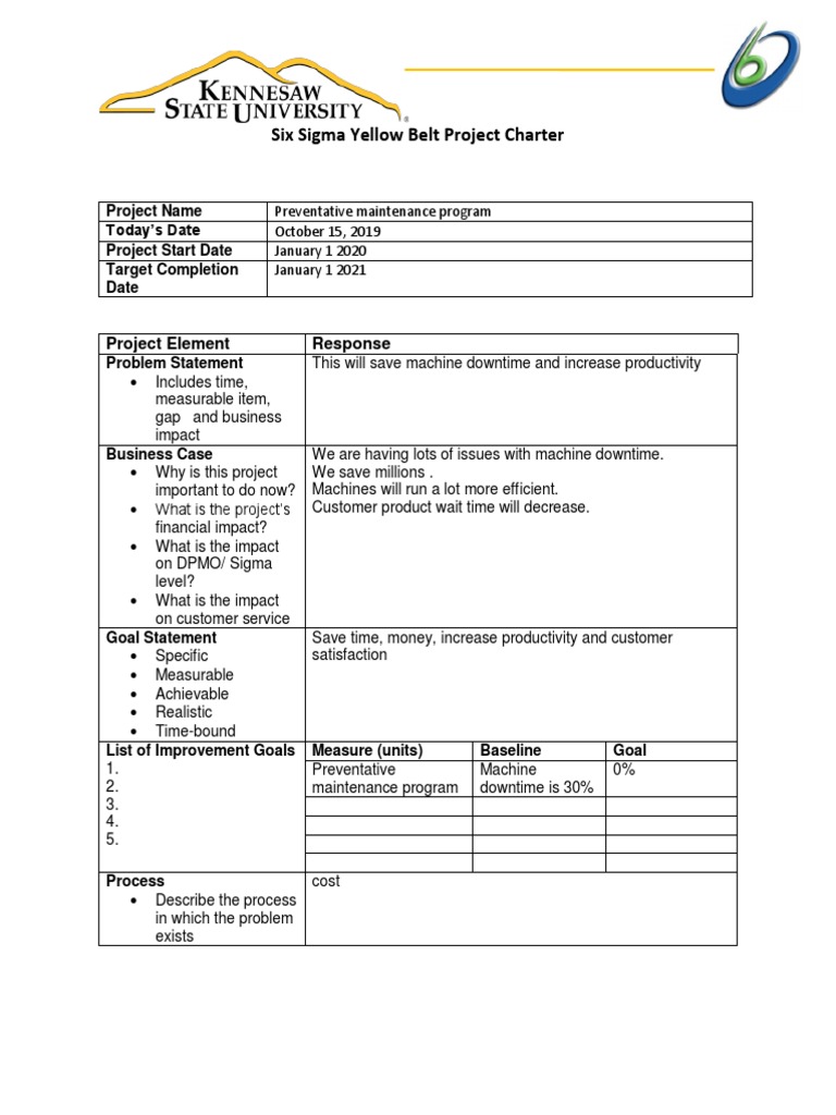 Six Sigma Yellow Belt Project Charter | PDF | Six Sigma | Economies