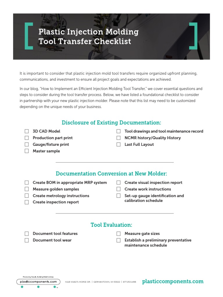 Plastic Injection Molding Tool Transfer Checklist: Disclosure of Existing Documentation | PDF ...