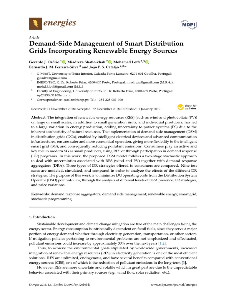 Energies: Demand-Side Management of Smart Distribution Grids Incorporating Renewable Energy ...