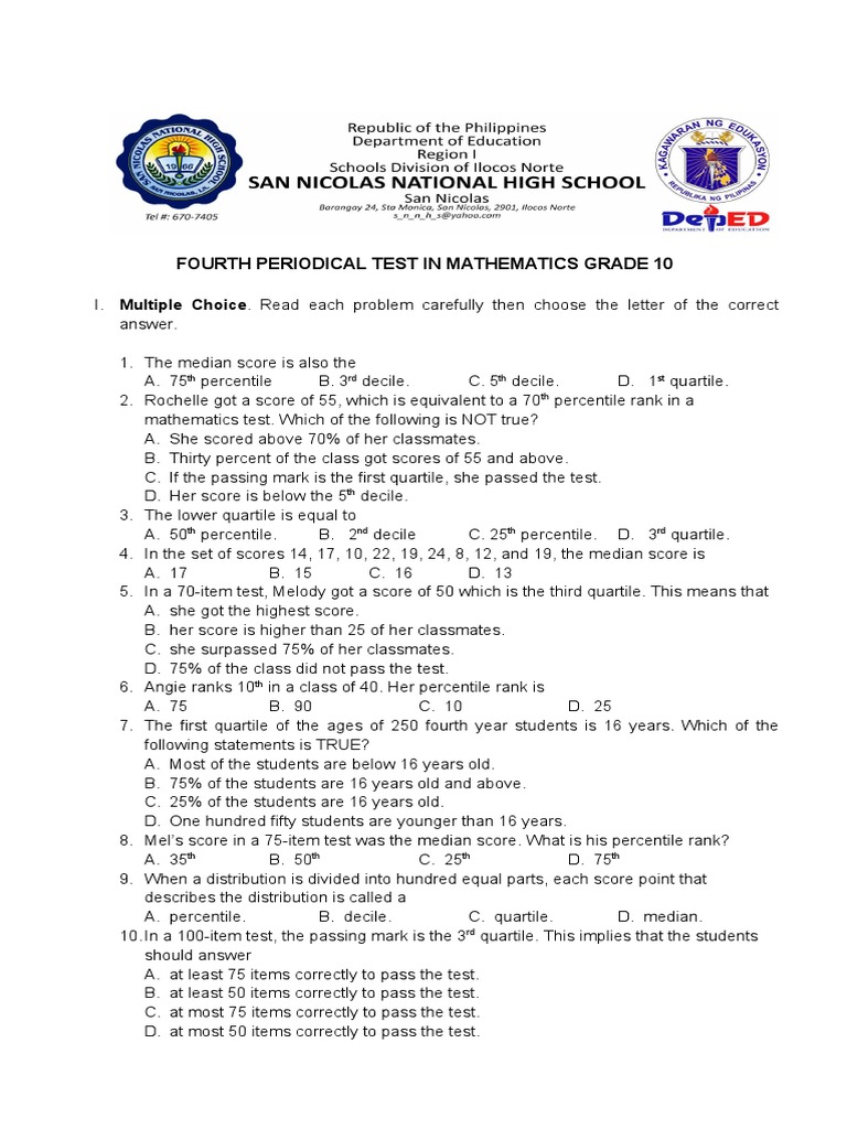 Fourth Periodical Test in Mathematics Grade 10: TH RD TH ST TH | PDF ...