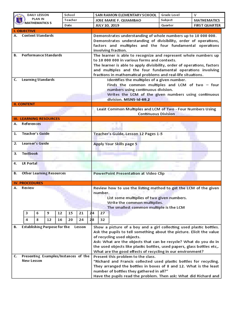 Least Common Multiples and LCM of Two - Four Numbers Using Continuous ...