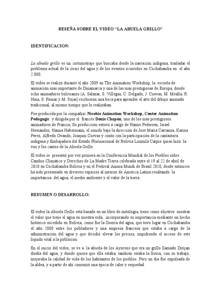RESEÑA SOBRE EL VIDEO Abuela Grillo | PDF | Bolivia | Agua