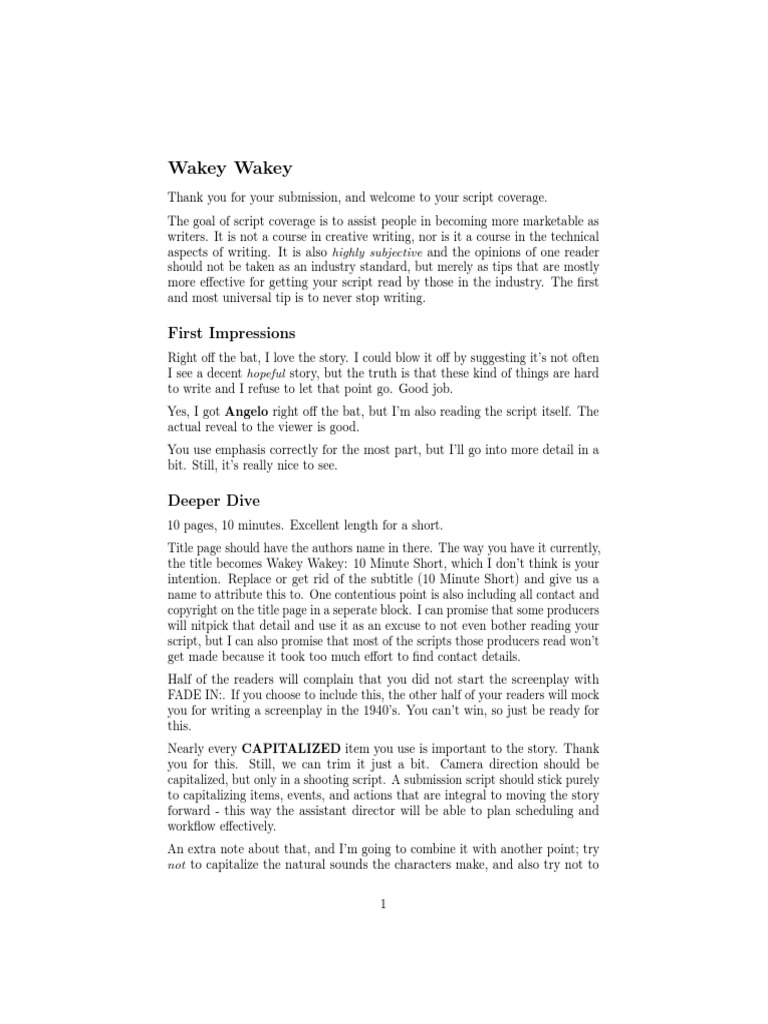 Wakey Wakey: First Impressions | Descargar gratis PDF | Screenplay