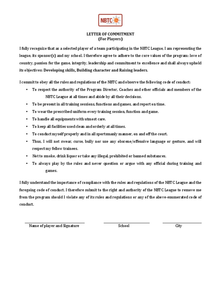 Player commitment letter and parental waiver for youth basketball ...