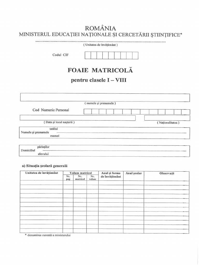 Foaie Matricola Primar-Gimnaziu | PDF