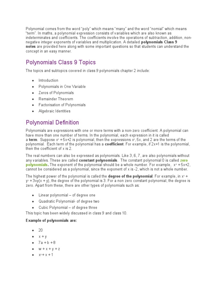 Polynomial Class 9 Notes - Chapter 2 | PDF | Polynomial | Factorization