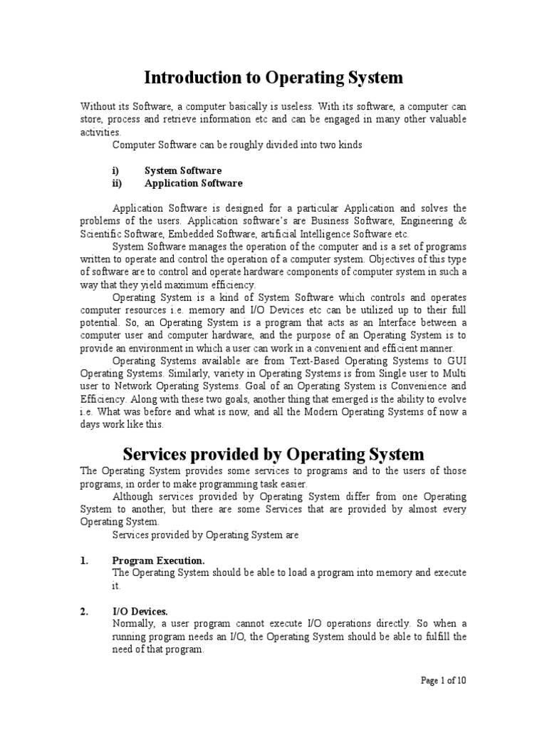 Introduction To Operating System: I) System Software Ii) Application ...
