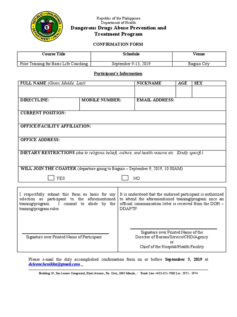 Confirmation Form for Life Coaching Training | PDF