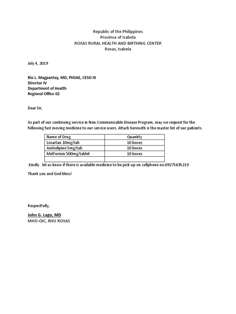 Request Letter For Medicines | PDF