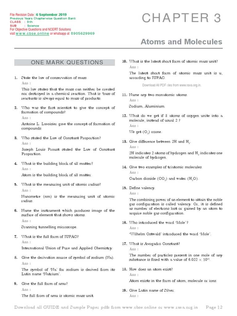 Atoms and Molecules: One Mark Questions | PDF | Mole (Unit) | Molecules