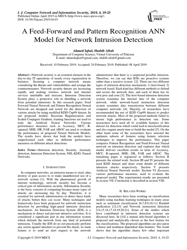 A Feed-Forward and Pattern Recognition ANN Model For Network Intrusion Detection | PDF ...