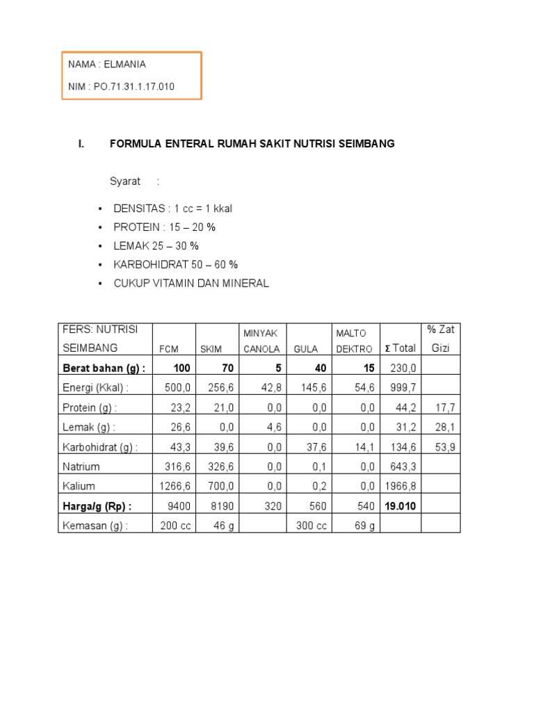 Formula Enteral Rumah Sakit Nutrisi Seimbang - Elmania | PDF