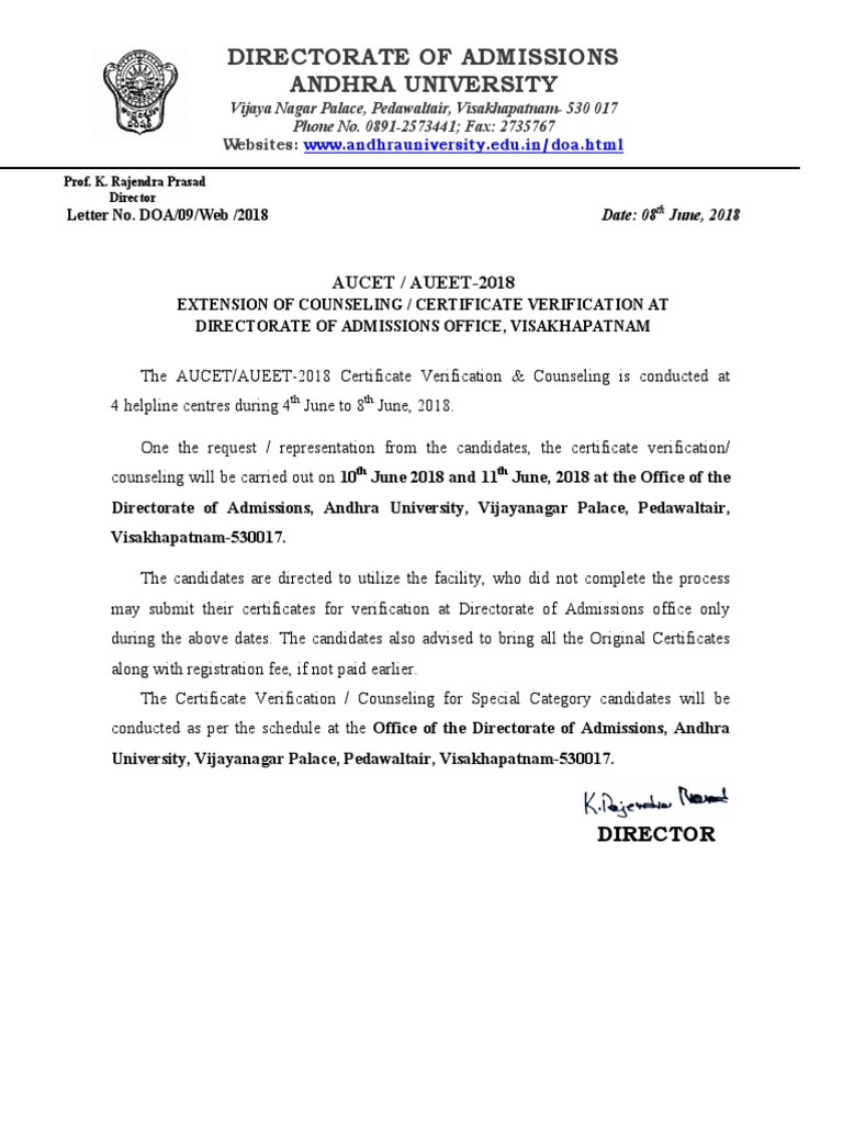 Directorate of Admissions Andhra University: AUCET / AUEET-2018 | PDF