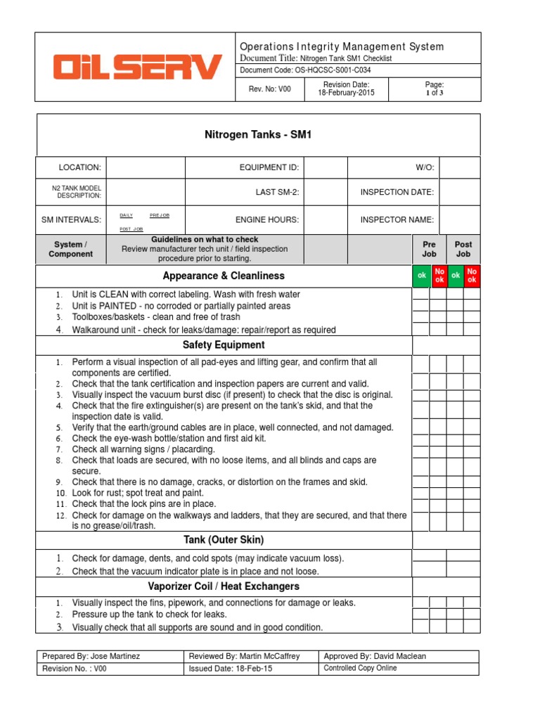 Nitrogen Tank SM1 Checklist - Controlled PDF | PDF | Valve | Gases