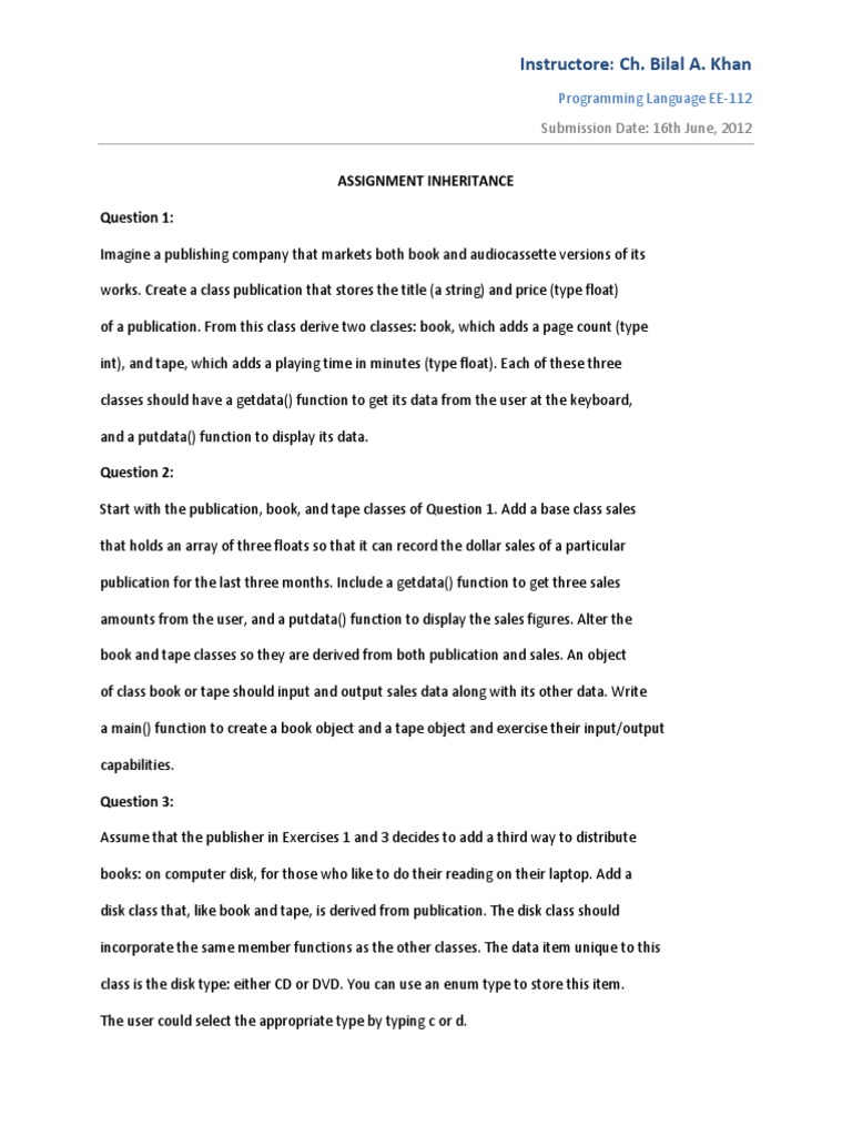 Inheritance Assignment Pdf Class Computer Programming Subroutine 