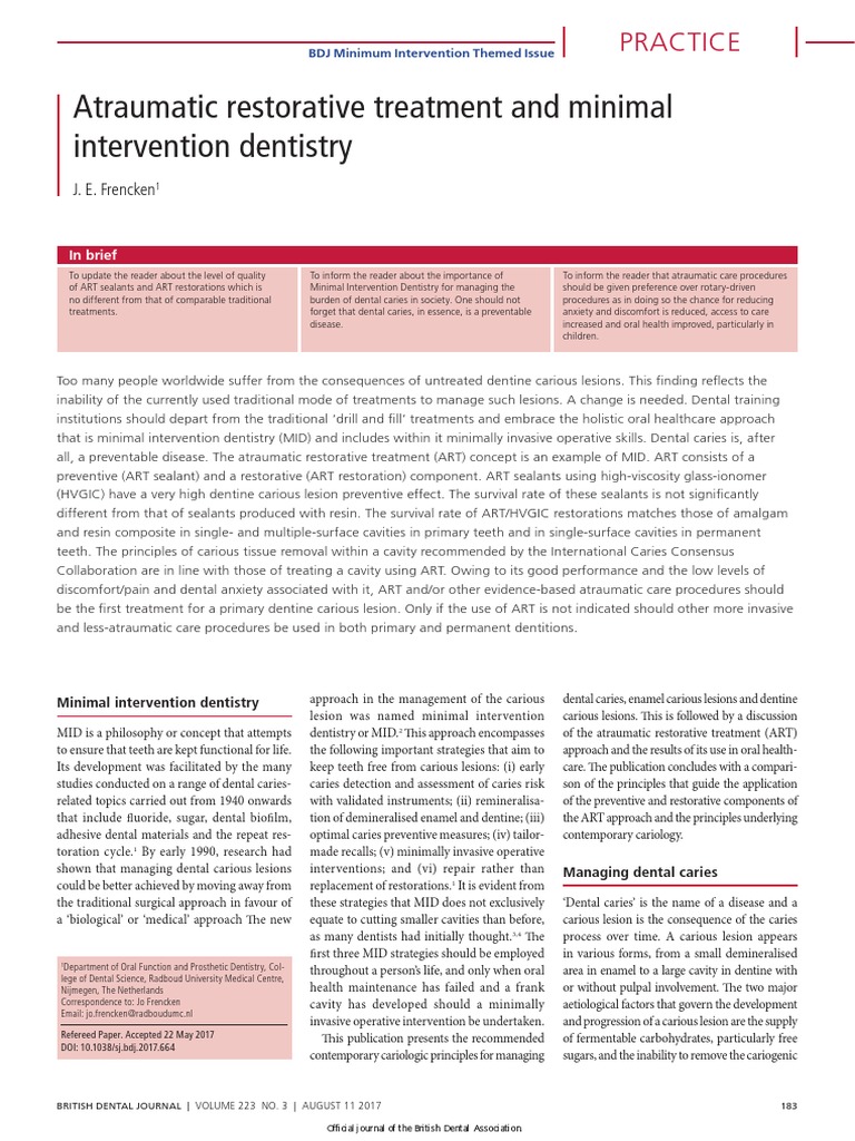Atraumatic Restorative Treatment and Minimal Intervention Dentistry ...