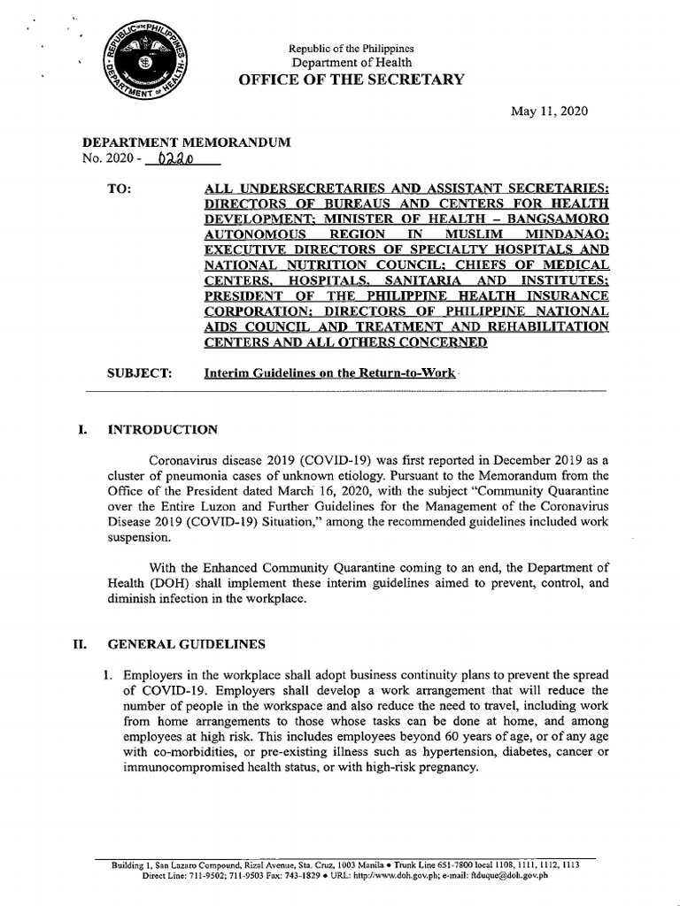 DOH Interim Guidelines On The Return-to-Work (dm2020-0220) | PDF ...