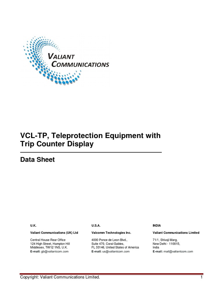 VCL-TP, Teleprotection Equipment With Trip Counter Display: Data Sheet ...