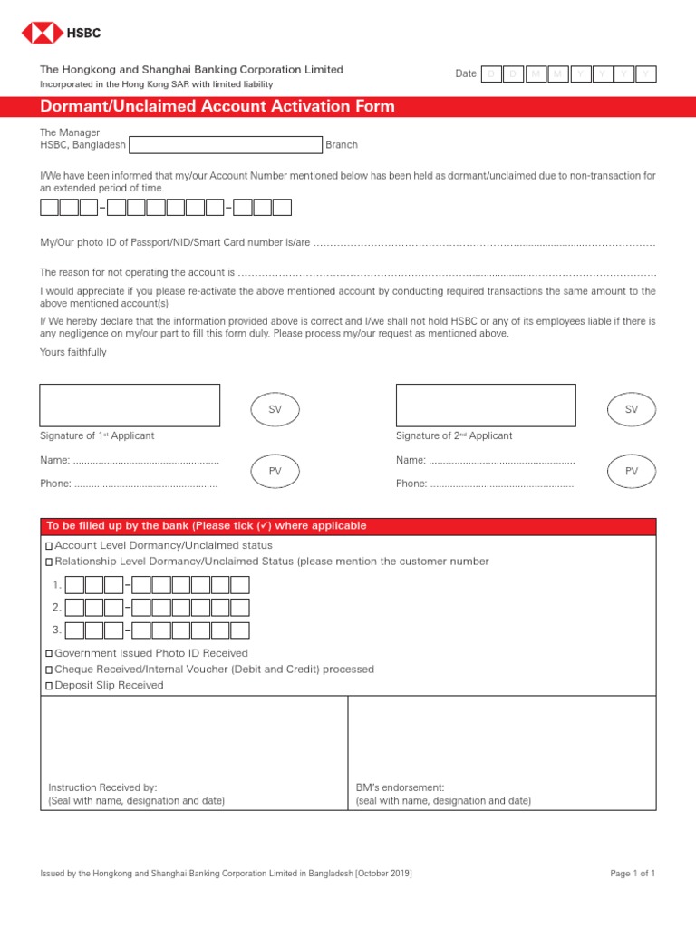 Dormant/Unclaimed Account Activation Form: Incorporated in The Hong ...