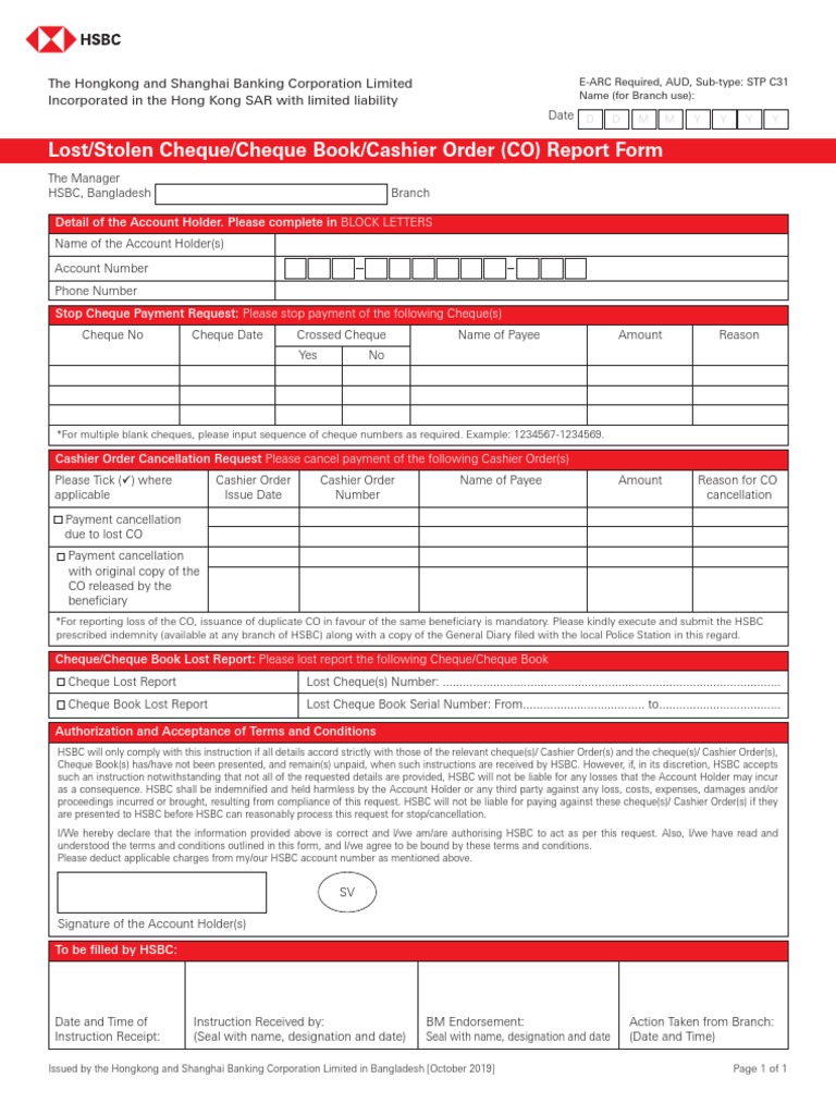 Lost/Stolen Cheque/Cheque Book/Cashier Order (CO) Report Form | PDF ...