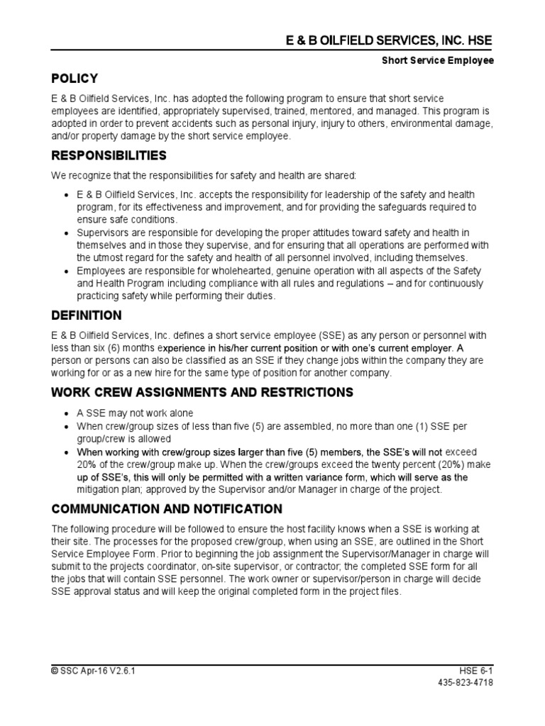 Policy: Short Service Employee | PDF | Occupational Safety And Health ...