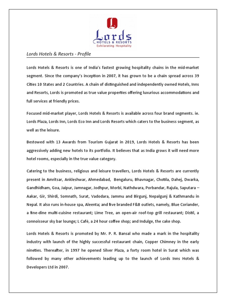 Lords Hotels & Resorts Overview | PDF | Resort | Hotel