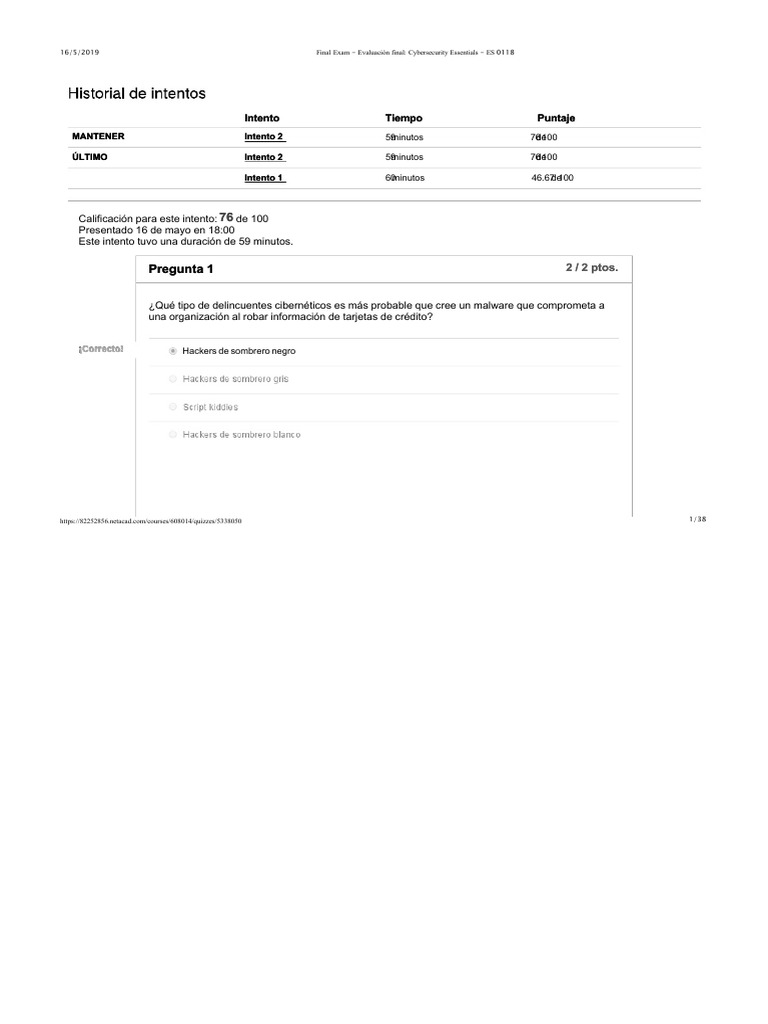 Cybersecurity Essentials - Examen Final | PDF | Clave (criptografía ...