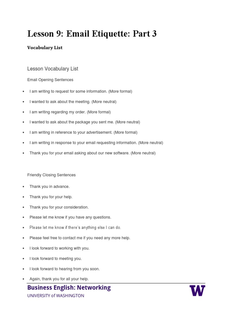 Lesson 9: Email Etiquette: Part 3: Vocabulary List | PDF