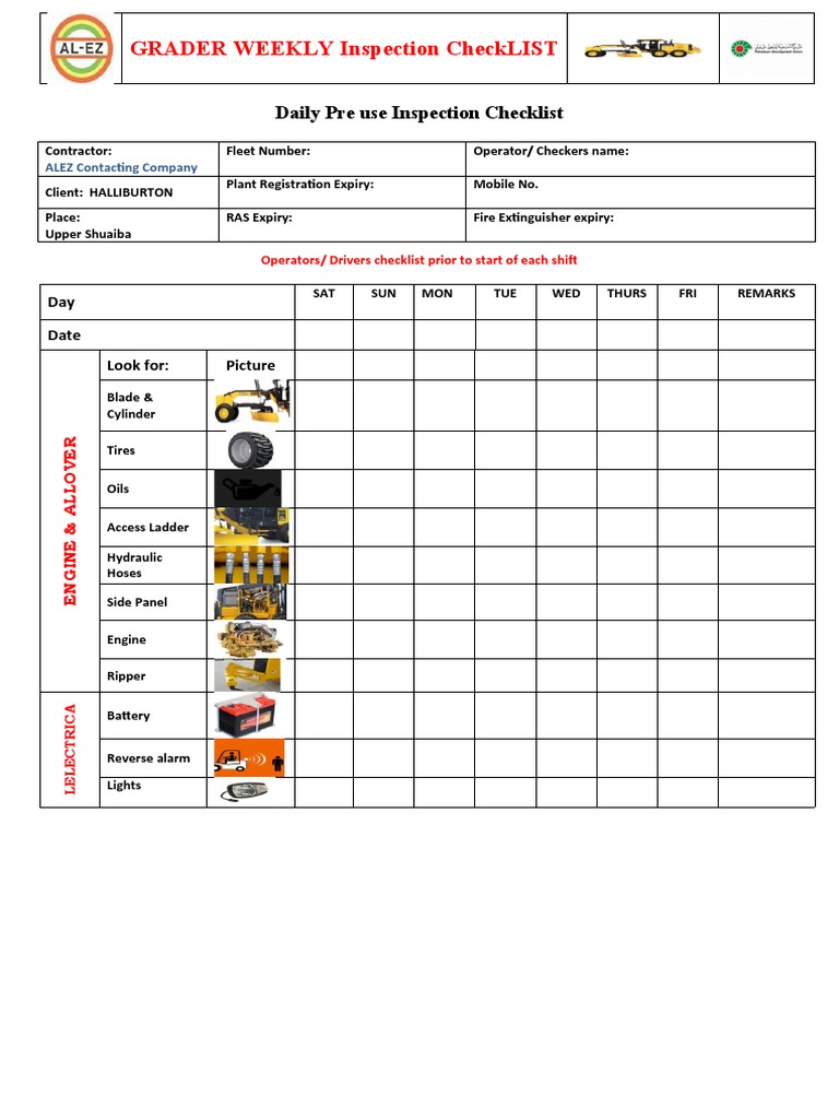 Grader Weekly Inspection Checklist | PDF